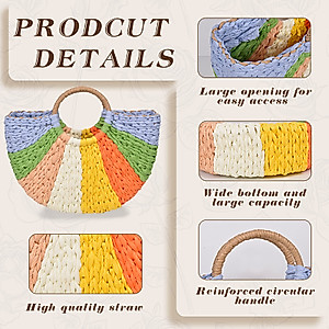 QZUnique Straw Handbags Rainbow Stitching Top Handle Tote Women's Summer Beach Natural Casual Satchel Shoulder Bag