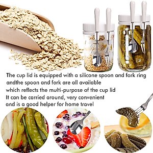 Overnight Oatmeal Lid，Overnight Oats Containers 4 piece set，Pickle Fork ，spoon，Suitable for mason jars and overnight oats jars(black White，Jars not Included)