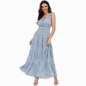 OSTOO Women's 2023 Summer Sleeveless Boho Floral Print Tiered Casual Flowy Long Maxi Dress (Blue, L)