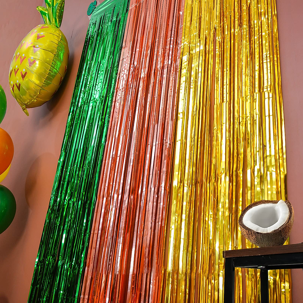 LOLStar Hawaiian Luau Party Decorations, 2 Packs of 3.3x6.6 ft Green Brown and Yellow Foil Fringe Curtains Tinsel Photo Booth Props, Streamer Backdrop for Hawaiian Tropical Party Decorations