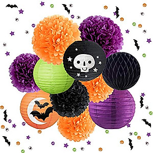 NICROLANDEE Halloween Party Decorations - 12Pcs Black Orange Hanging Decorative Paper Lantern Tissue Pom Poms Bat Spider Table Confetti for Horror Party, Halloween Theme Party, Home Decor