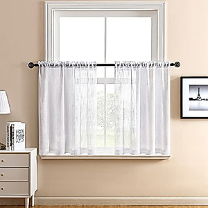 XTMYI White Kitchen Curtains 24 Inch Length Set of 2 Panels Cafe Curtain Tiers Linen Textured Semi Sheer Boho Farmhouse Short Curtains for Small Bathroom Basement Window RV Camper