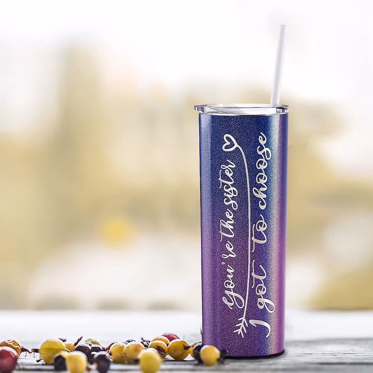 Cuptify You're the Sister I Got to Choose Skinny Tumbler with Lid and Straw Laser Engraved on Galaxy Ombre 20 oz Insulated Stainless Steel Best Friend Birthday Gift For Women