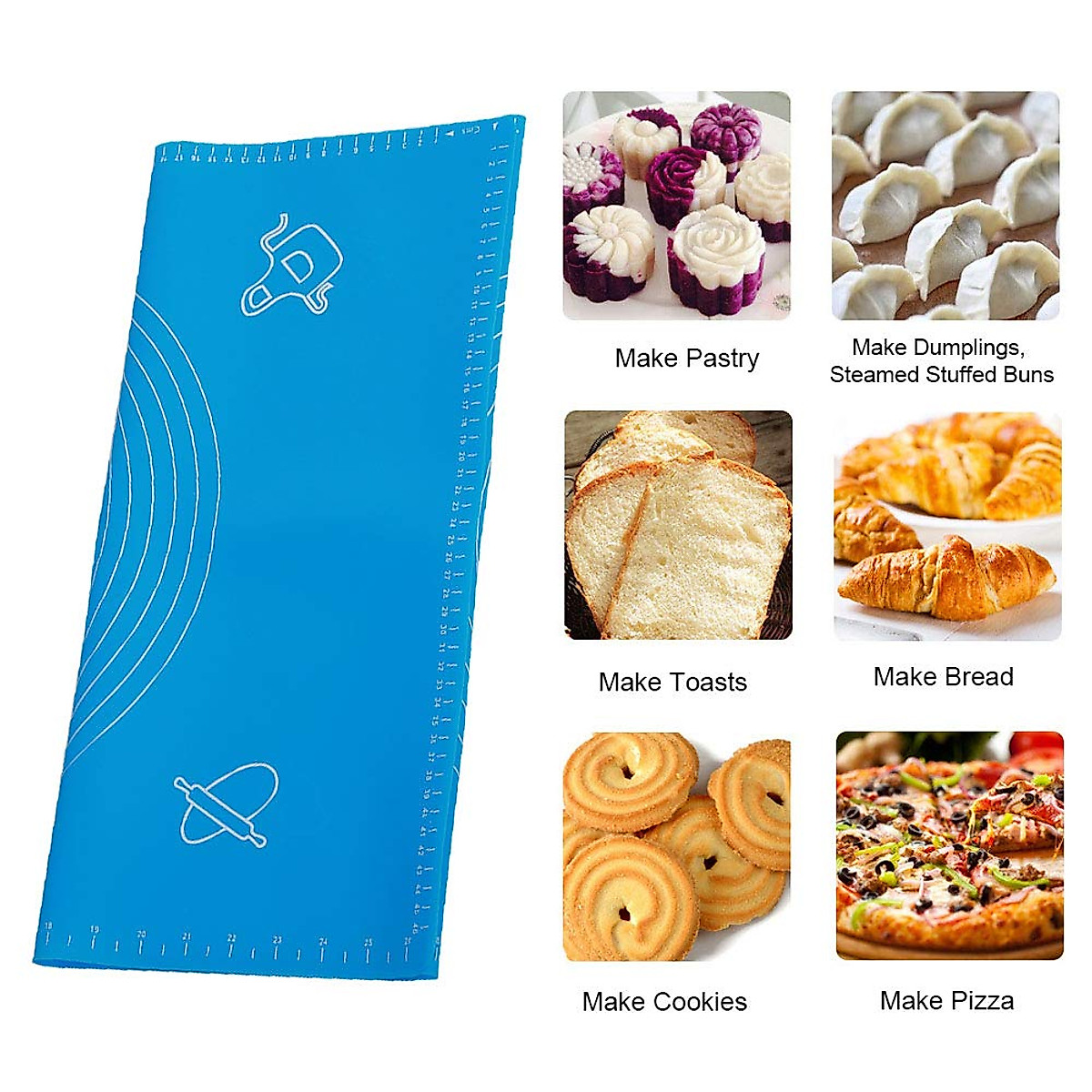 Silicone Dough Mats, Non-Slip Pastry Mats Kneading Mat with Scales Measurement Large Non Stick Kitchen Baking Mat for Rolling Kneading Dough 50 * 70 cm (Blue)