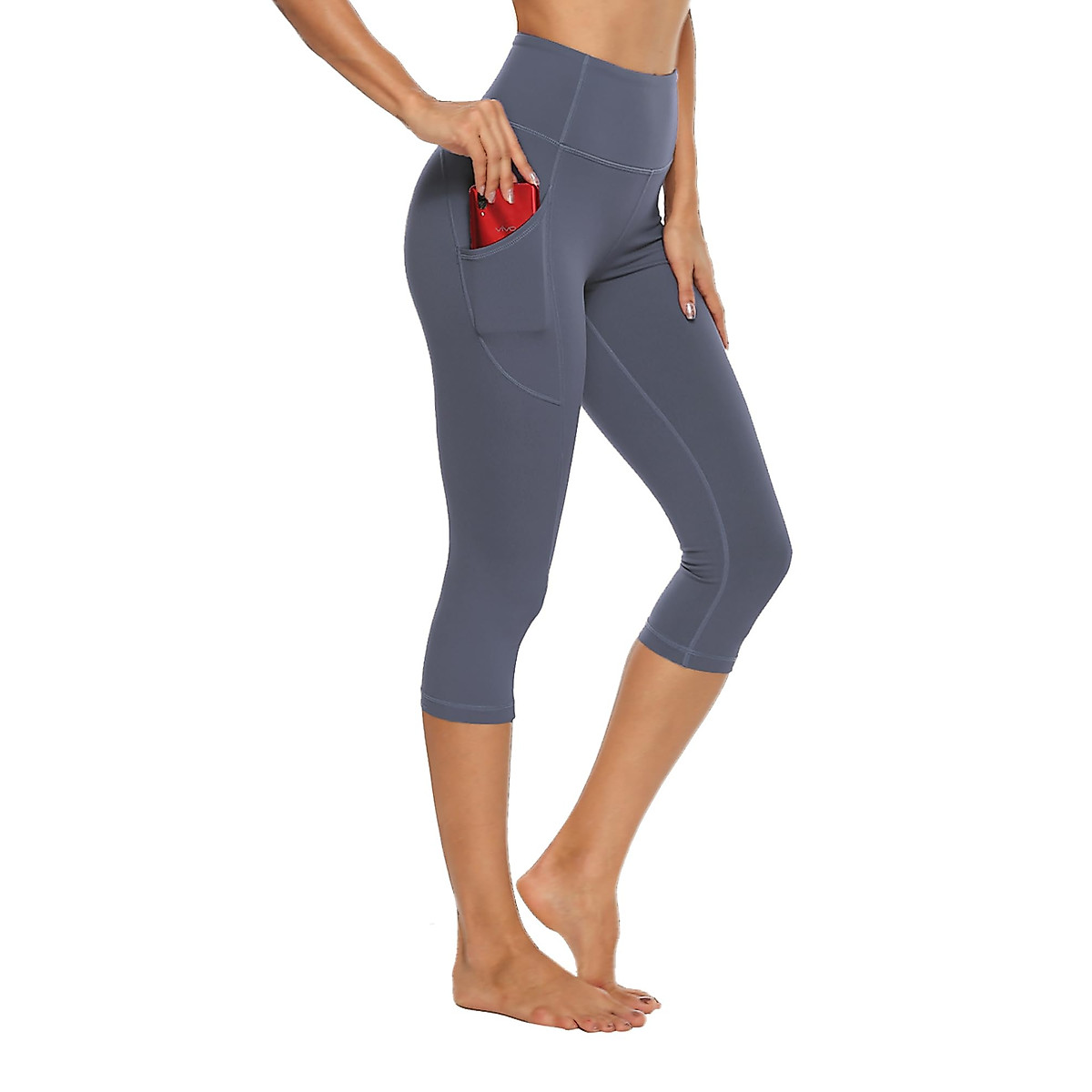 Stelle Womens High Waisted Legging Yoga Pants with Pockets for Gym Workout (Cotton Like Softness-Grey Blue, Medium)