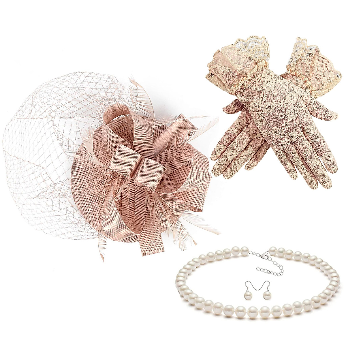 Gionforsy Pillbox Fascinator Veil Feather Derby Hat Lace Gloves Pearl Necklace (Style 8-Pink)
