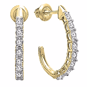 Dazzlingrock Collection 0.15 Cttw Round White Diamond J Shaped Classic Hoop Earrings for Her in 14K Solid Yellow Gold, Screw Back