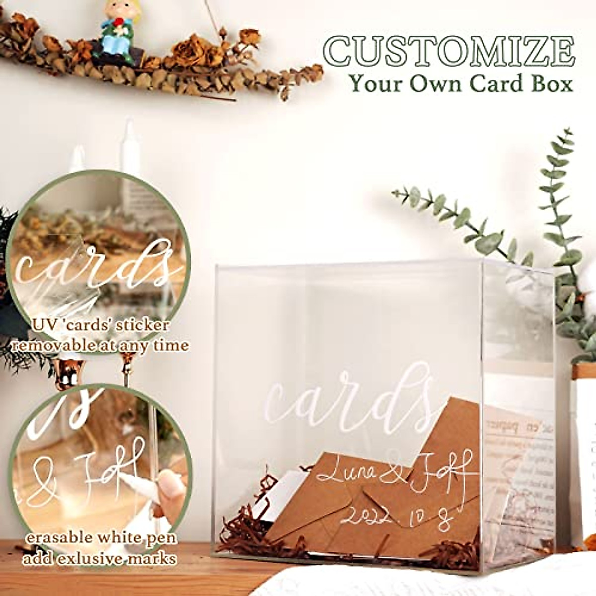 JupDec Clear Wedding Card Box Acrylic for Reception with Slot, 10" X 10" X 6" Large Advice Gift Envelope Holder, Elegant Honeymoon Fund Memory Boxes for Anniversary Baby Bridal Shower Birthday Party