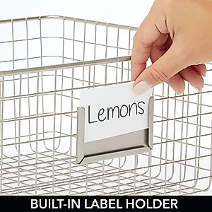 mDesign Wide Steel Wired Storage Organizer Bin Baskets with Label Slot for Kitchen Pantry, Cabinet, Organizing Holder for Food, Drinks, Snacks, Produce, Omaha Collection, 2 Pack, Satin