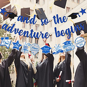 Blue and White And So The Adventure Begins Banner Blue and White Graduation Party Decorations 2024 Blue Graduation Decorations Class of 2024 Graduation Party Decorations 2024 Blue