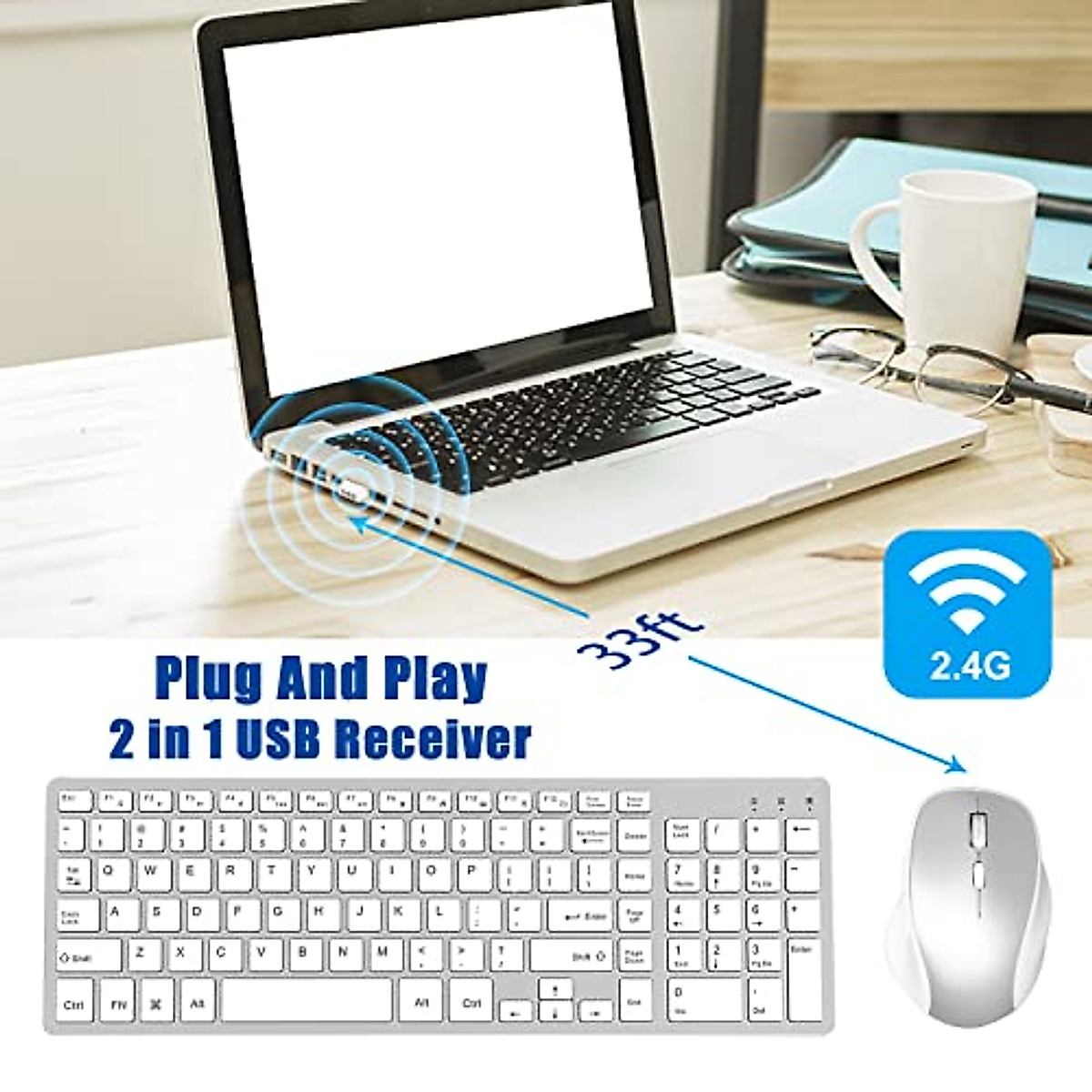 Wireless Keyboard and Mouse Combo Rechargeable USB Cordless Slim Compact Keyboard with Numeric Keypad and Ergonomic Silent Computer Mouse Set for Windows,PC,Laptop,MacBook,Chromebook-Silver White