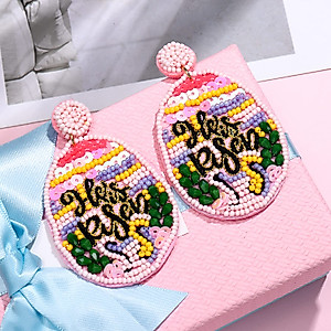 MOLOCH Easter Earrings for Women Easter Bead He IS Risen Earrings Colorful Beads Sequins Egg Dangling Earrings Spring Holiday Jewelry Girls Gift (pink)