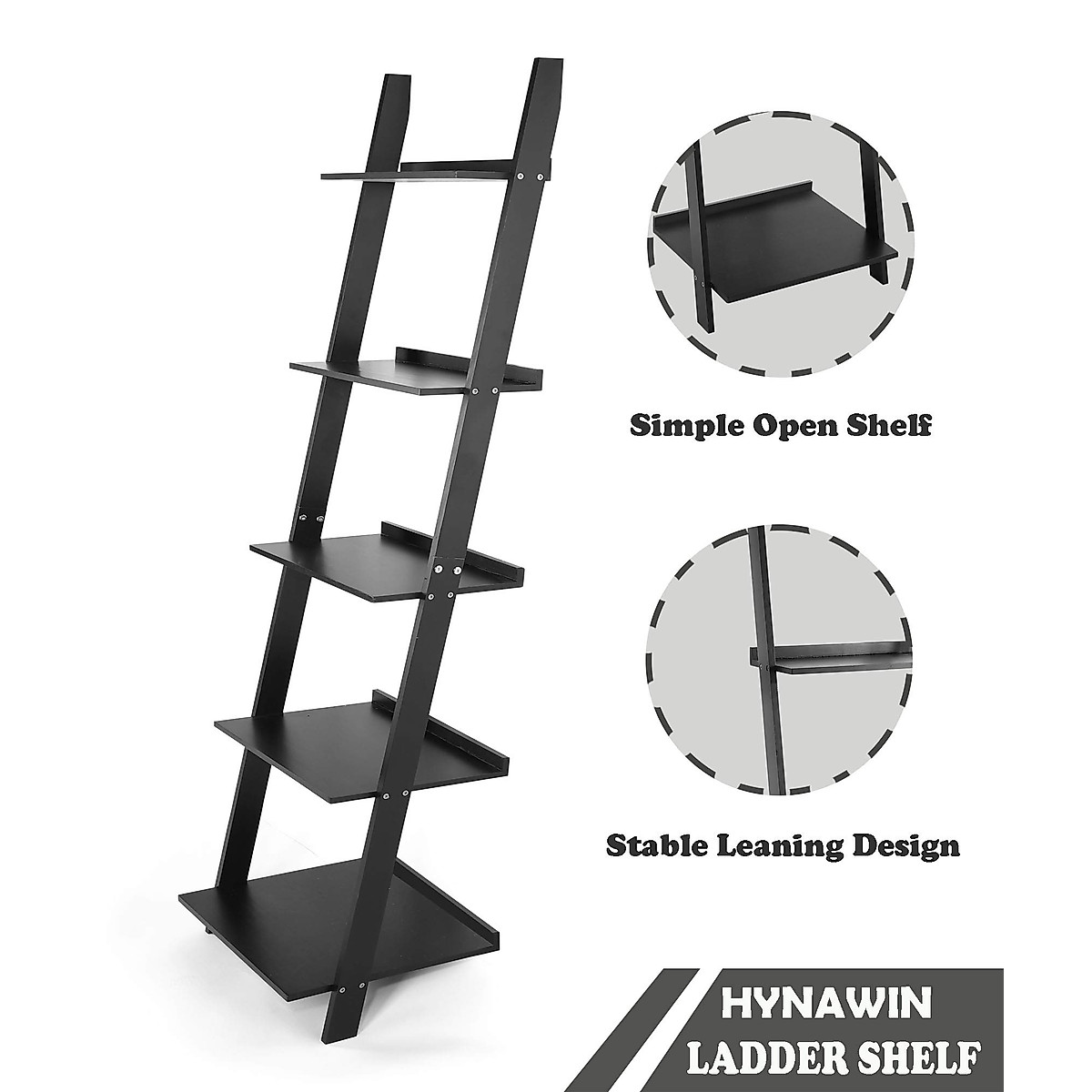 HYNAWIN Ladder Shelf 5 Tier Bookcase, Multipurpose Plant Flower Stand Bookshelf Storage Rack Shelves, Wood Look Accent Bamboo Frame Modern Furniture Home Office (Black)