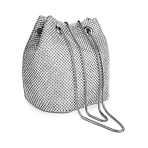 Linkidea Rhinestone Bucket Bag for Women, Evening Lady Purse, Party Prom Wedding Crossbody Shoulder Handbag (Silver)