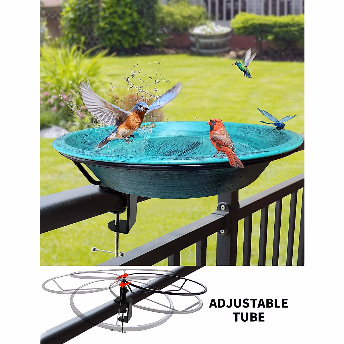 Deck Mounted Bird Bath for Outside, Detachable Birdbath Bowl with Sturdy Clamp, Easy Setup Outdoor Bird Feeder for Garden Patio Lawn Yard Decoration