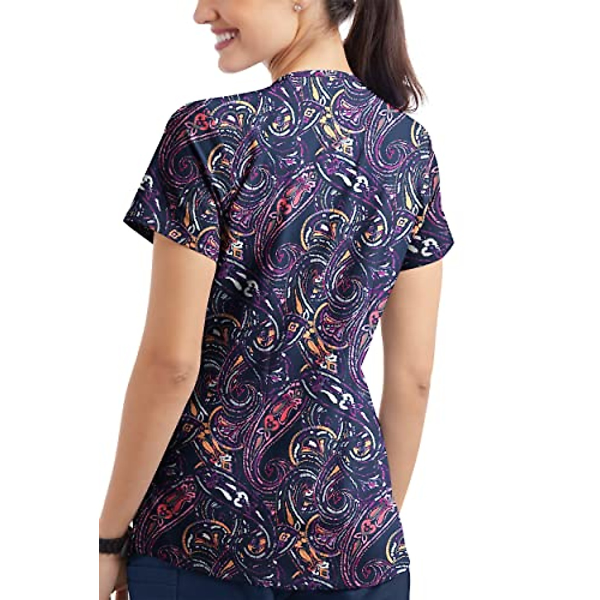 Tafford Active Stretch Women's Elegant Paisley Navy Print Scrub Top – Rounded V-Neck Medical Scrub Top (3X-Large)