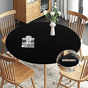 Obstal Fitted Round Table Cloth, Reversible Waterproof Stain Resistant Elastic Stretch Tablecloth, Wipe Clean Table Cover for Outdoor/Indoor Use, Fits Round Tables up to 40" - 44" Diameter, Black