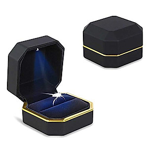 AVESON Luxury Ring Box, Square Velvet Wedding Ring Case Jewelry Gift Box with LED Light for Proposal Engagement Wedding, Black