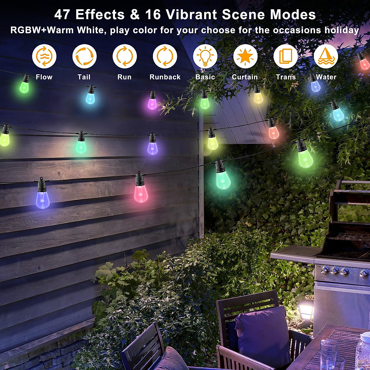 YSJ Outdoor String Lights for Outside,49FT RGB Patio Lights Outdoor Waterproof with App & Remote,DIY Each Bulb Color Changing String Light with 20 Shatterproof Bulbs Dimmable for Balcony,Cafe,Backyard