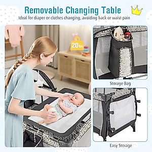 BABY JOY 4 in 1 Pack and Play, Portable Baby Playard with Bassinet, Adjustable Canopy, Changing Table, Lockable Wheels, Glowing Music Box, Travel Baby Crib Bassinet Bed from Newborn to Toddler Grey