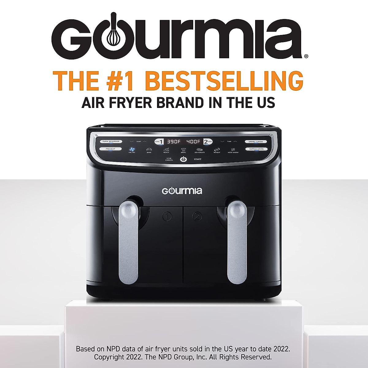 Gourmia 9-Quart Dual Basket Digital Air Fryer, with 7 Functions, Smart Finish and Match Cook,Black/Silver