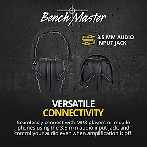 BenchMaster Rifleman TAC Ear Muffs, Shooting Electronic Ear Protection, 25 dB, Noise Reducing, Noise Canceling Headphone, 2 Millisecond Reaction Time, Audio Input, Safety Ear Muffs