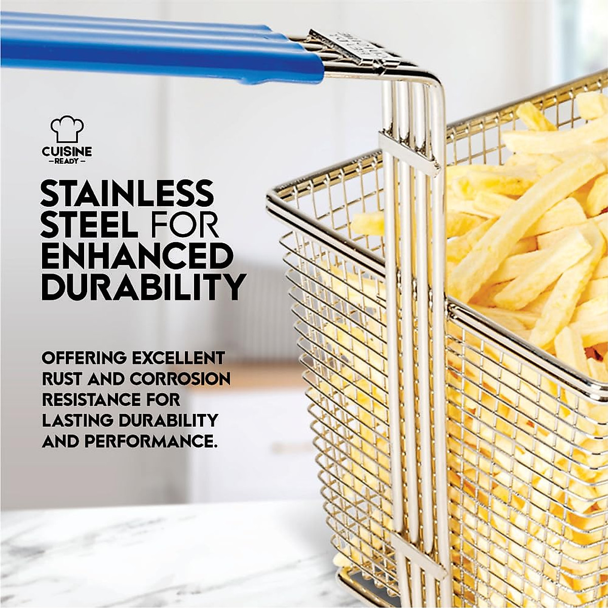 Cuisine Ready Deep Fryer Basket | 2 Pack | Stainless Steel | Commercial Fry Basket with Handle | 13.25" x 6.5" x 5.9" | Heavy Duty Restaurant Quality