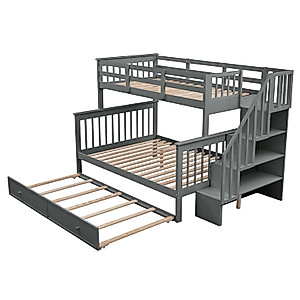 Twin Over Full Bunk Bed with Stairs and Trundle Wood Stairway Bunk Beds with Storage Shelf for Kids Boys Girls Teens, Gray