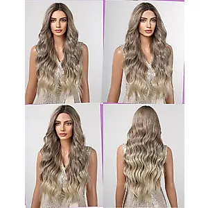 HAIRCUBE Mixed Ash Brown Wigs for Women Long Curly Layered Lace Wig Middle Part with Dark Roots
