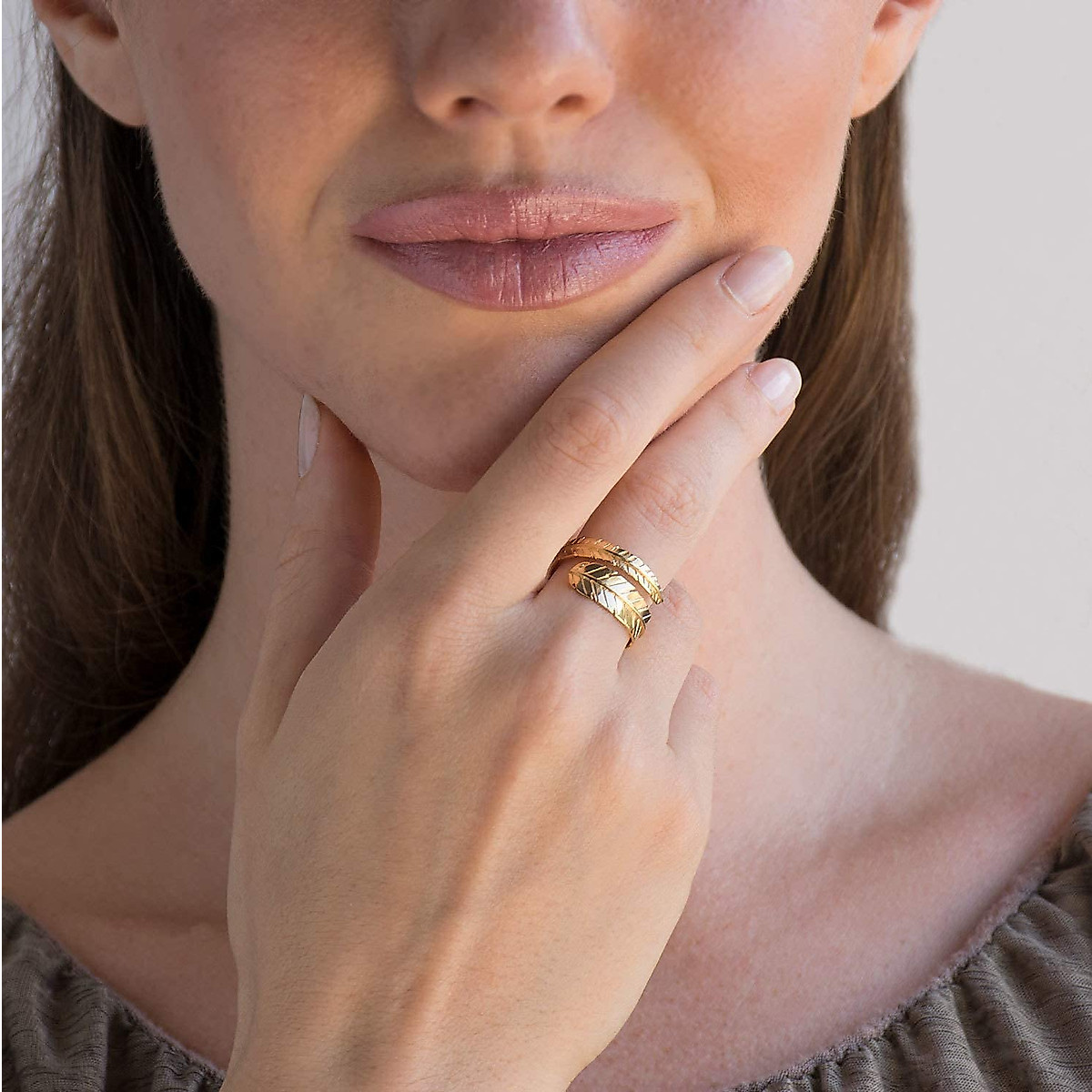 Adjustable Feather Ring - 14K Gold Plated over 925 Sterling Silver Customizable Open Ended Spiral Ring, Dainty Flexible Feather Ring, Wrap and Fit to Every Finger, Handmade Jewelry Rings for Women