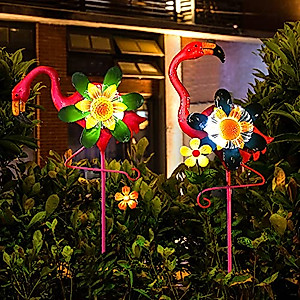 Histoacryl 2 Pack Pink Flamingos Outdoor Decorations, Metal Flamingo Solar Stakes Lights with Wind Spinner, Yard Sculptures Art Decorative for Garden, Patio, Landscape, Pathway, Christmas