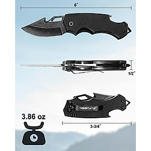 FLISSA Mini Folding Pocket Knife, 2.5-Inch Stainless Steel Drop Point Blade, EDC Pocket Knives for Men with Bottle Opener and Glass Breaker (Black)