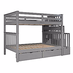Cotoala Full Over Full Bunk Bed with Stairs and 6 Storage Drawers, Wooden Bunkbed w/ 3 Shelves, No Box Spring Needed, Perfect for Bedroom, Grey