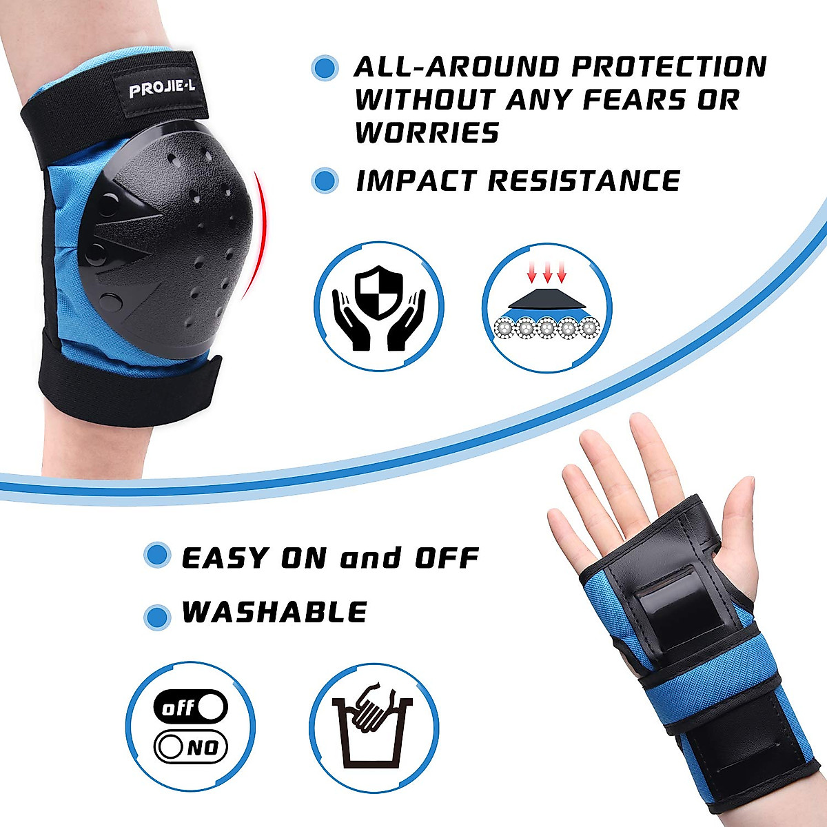 Protective Gear Set for Kids/Youth Knee Pads Elbow Pads Wrist Guards for Skateboarding Roller Skating Cycling Bike BMX Bicycle Scootering 6pcs Aged3-8 (Blue, S)