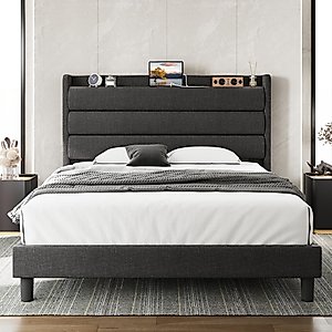 LIKIMIO Queen Size Bed Frame, Storage Headboard with Outlets, Sturdy and Stable, No Noise, No Box Springs Needed, Dark Gray
