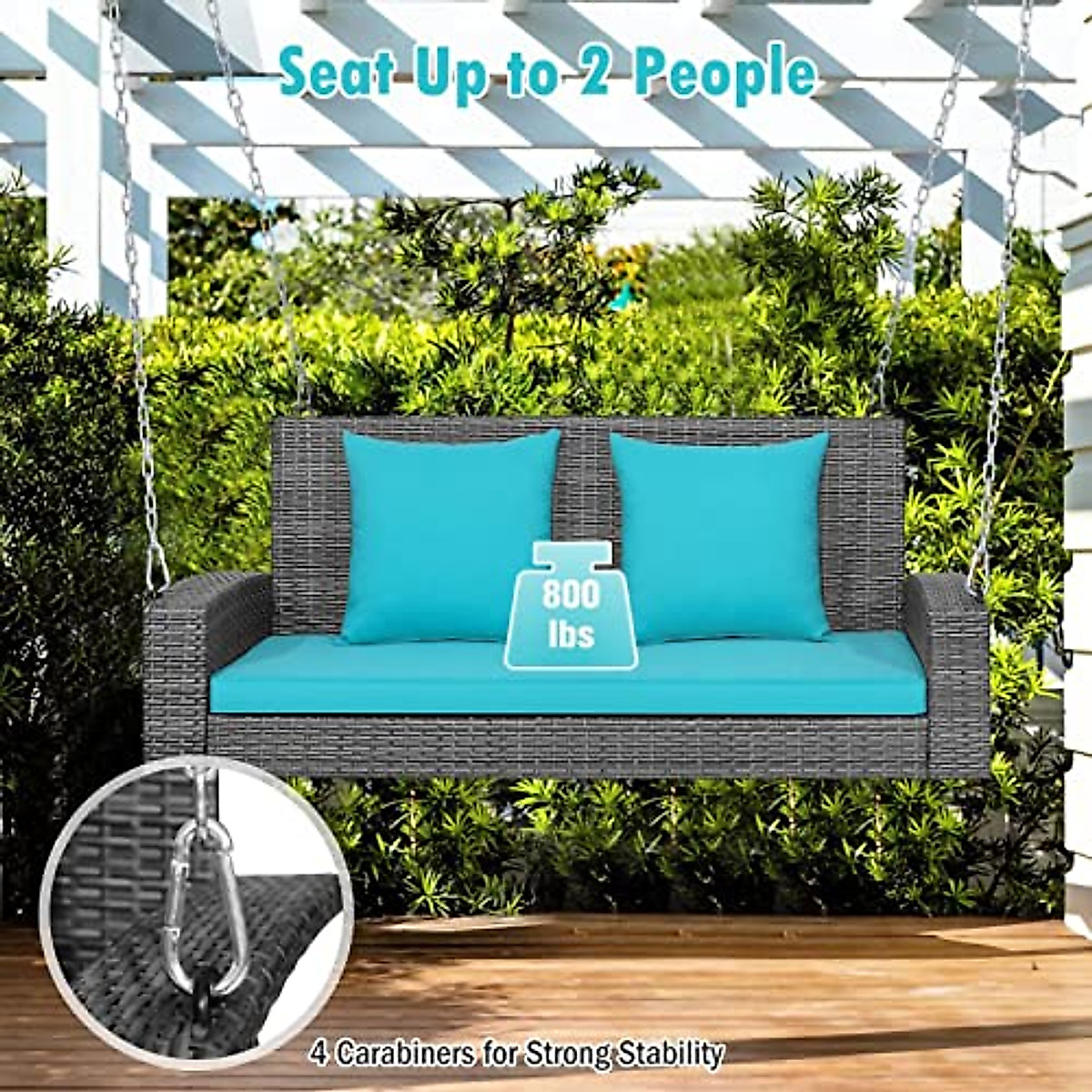 UIIAIOUIAIO 2-Person Wicker Hanging Porch Swing Bench, Front Porch Swing Outdoor Chair with Cushions 800lbs Weight Capacity for Backyard, Garden (Turquoise)