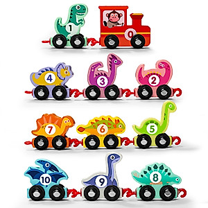 Wooden Dinosaur Numbers Train Game for Toddlers 3 Years Old,Early Education Learning Calculation Block Kit Toys for Boys & Girls Birthday Gift.