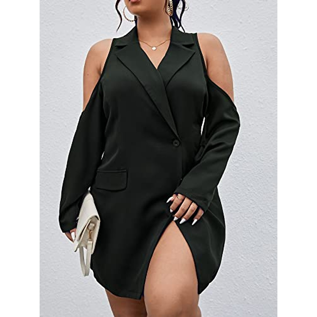 WDIRARA Women's Plus Size Cold Shoulder Button Front Long Sleeve Blazer Dress Black 3XL