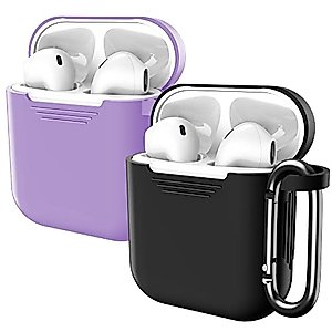 [2 Pack] AirPods 2nd/1st Generation Case with Keychain,Wilbur for AirPod 2nd Generation Case & AirPod Case 1st Generation,Full-Body Protective Cover,Supports Wireless Charging (Black+Purple)