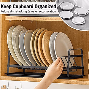 Poeland Dish Drying Rack with Drain Pan, Plate Pot Lid Holder and Dish Drainer for Kitchen Counter Cabinet