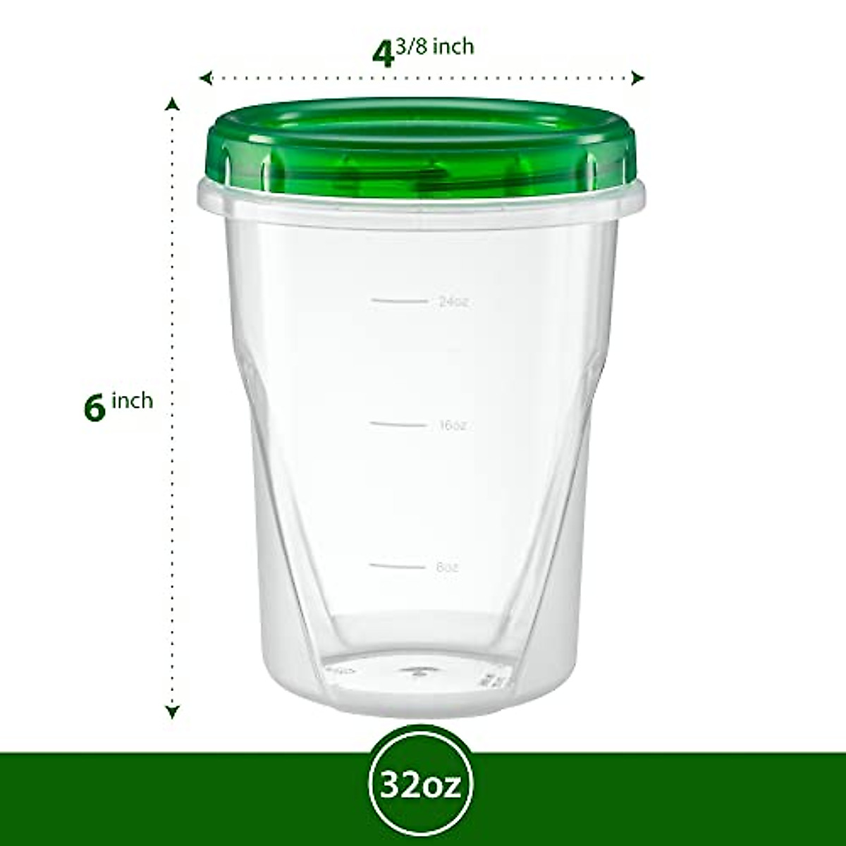 Elegant Disposables (32 Ounce 10 Pack) Twist cap Containers Clear Bottom With Green Top Screw on Lids Twist Top Food Storage Freezer Containers