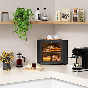 Goozii Corner Bread Box for Kitchen Countertop, Black Bread Storage Container for Homemade Bread, Two Layer Breadbox under Cabinet Mount, Large Bread Holder for Kitchen Counter, Panry Shelf