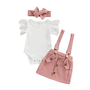 GOOCHEER Infant Baby Girl Summer Outfits Short Sleeve Romper T-Shirt Tops Suspender Skirt Overall Dress 2Pcs Clothes Set (A-Pink, 3-6 Months)