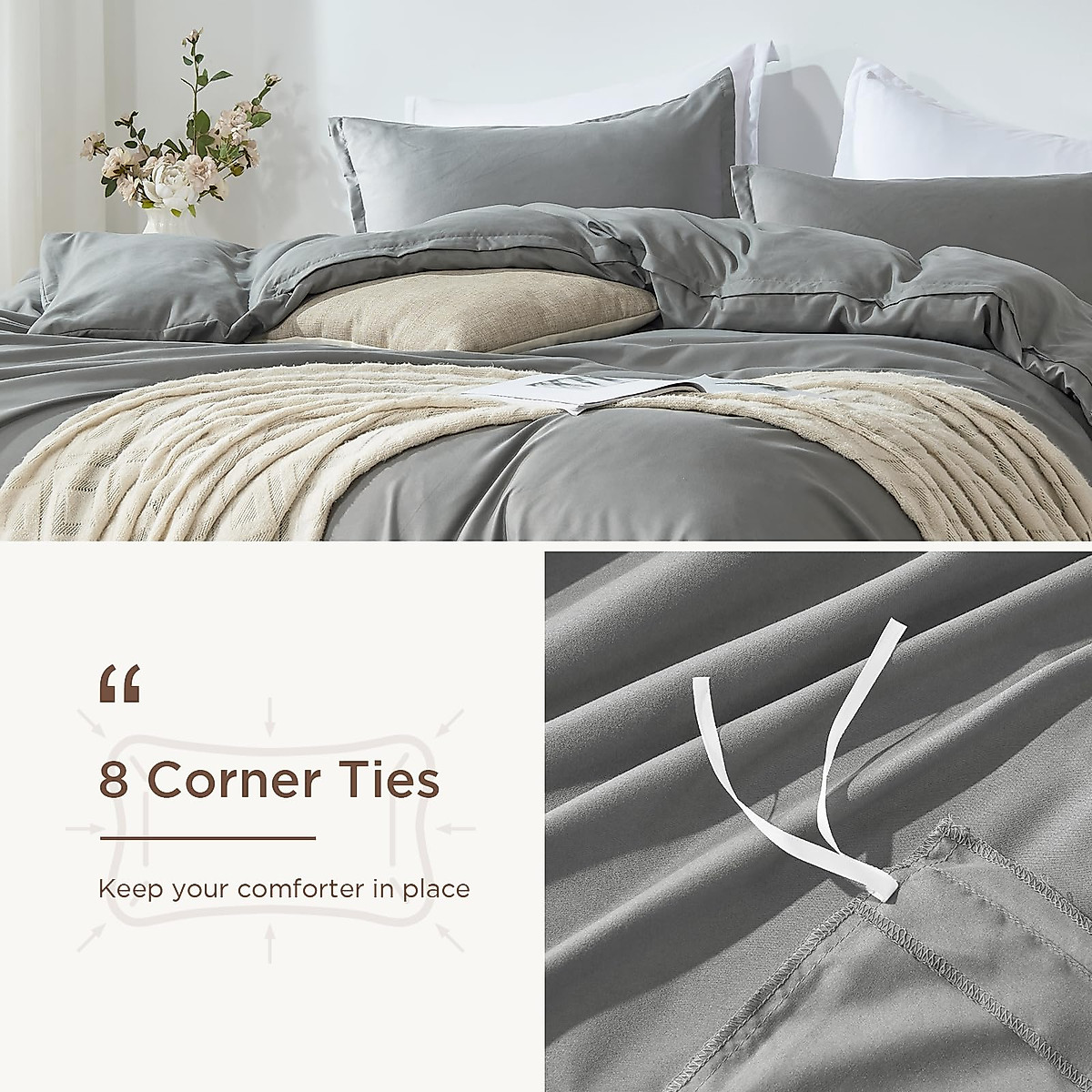Cosybay Grey Duvet Cover Queen Size- Soft Queen Duvet Cover Set, 3 PCS- 1 Duvet Cover (90”x90”) with Zipper Closure and 2 Pillow Shams- Machine Washable