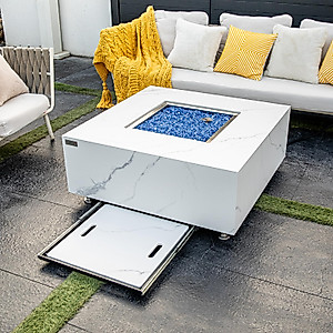 ELEMENTI Outdoor Fire Table Natural Gas 60,000 BTUs Firepit Patio Coffee Table, Backyard Fireplace Marble Porcelain Square Fire Pit, 17Inch-High,Bianco Series