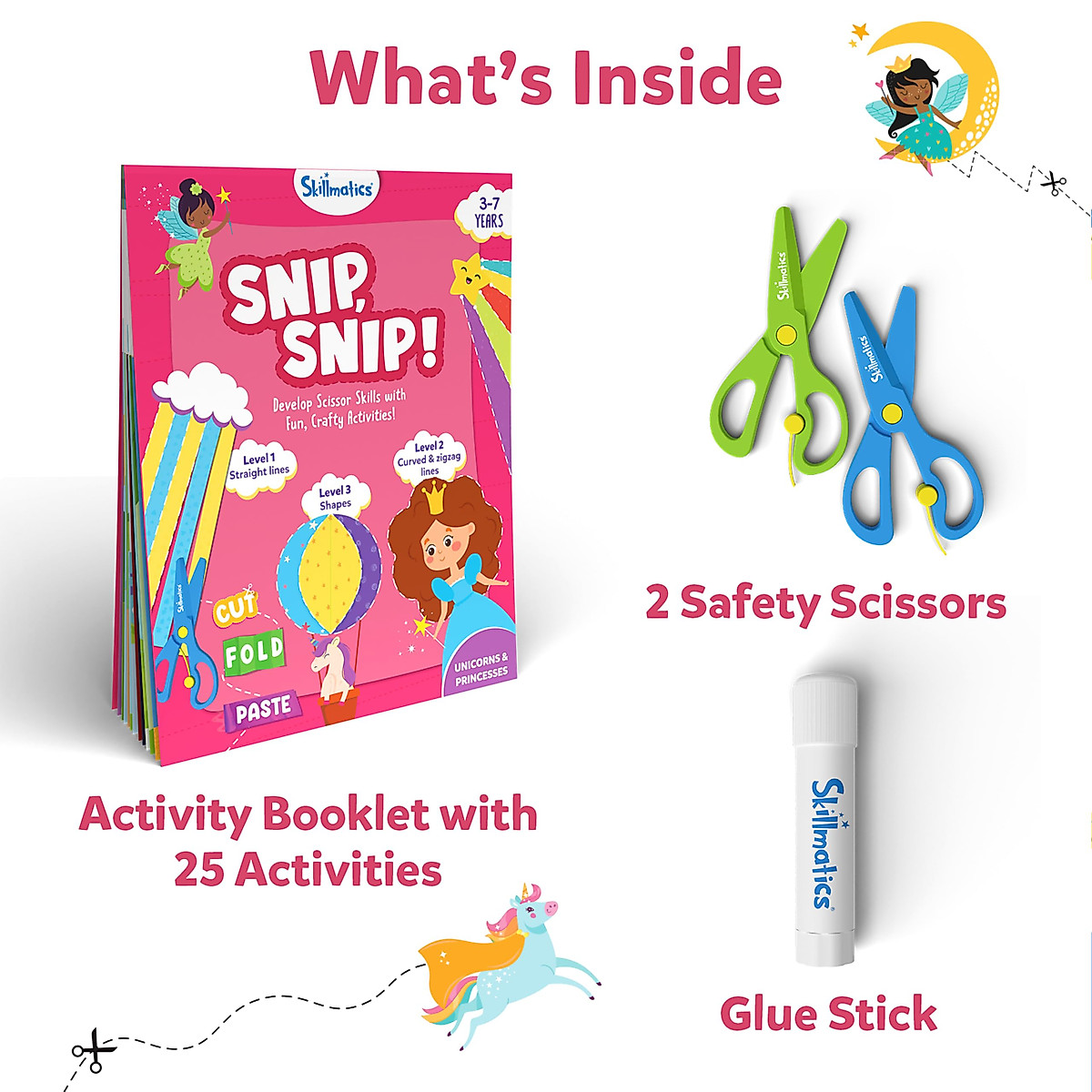 Skillmatics Art & Craft Kit - Snip, Snip Unicorns & Princesses, Practice Scissor Skills with Activity Book, Gifts for Toddlers, Girls & Boys Ages 3, 4, 5, 6, 7