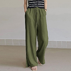 fold Over Yoga Pants for Women Women Wide-Leg Pants Loose Flowy Trousers Cotton Linen Slacks Capri Pants Side Split Lounge Pant Plus Size Relaxed Fit Green L