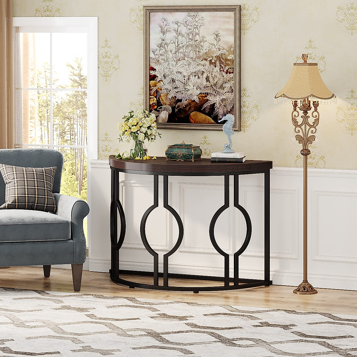 Tribesigns Half Moon Console Table for Entryway, 43 Inch Industrial Semi Circle Sofa Table with Geometric Base, Wood Accent Table for Living Room, Hallway, Foyer, Entrance, Rustic Brown