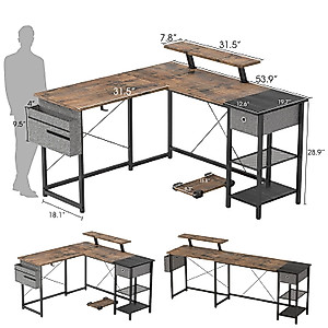 SUAYLLA L Shaped Desk with Drawers, Computer Gaming Desk with Storage Shelves, Work Desk for Home Office L-Shaped, 2 Person Long Table for Writing Workstation, Rustic Brown
