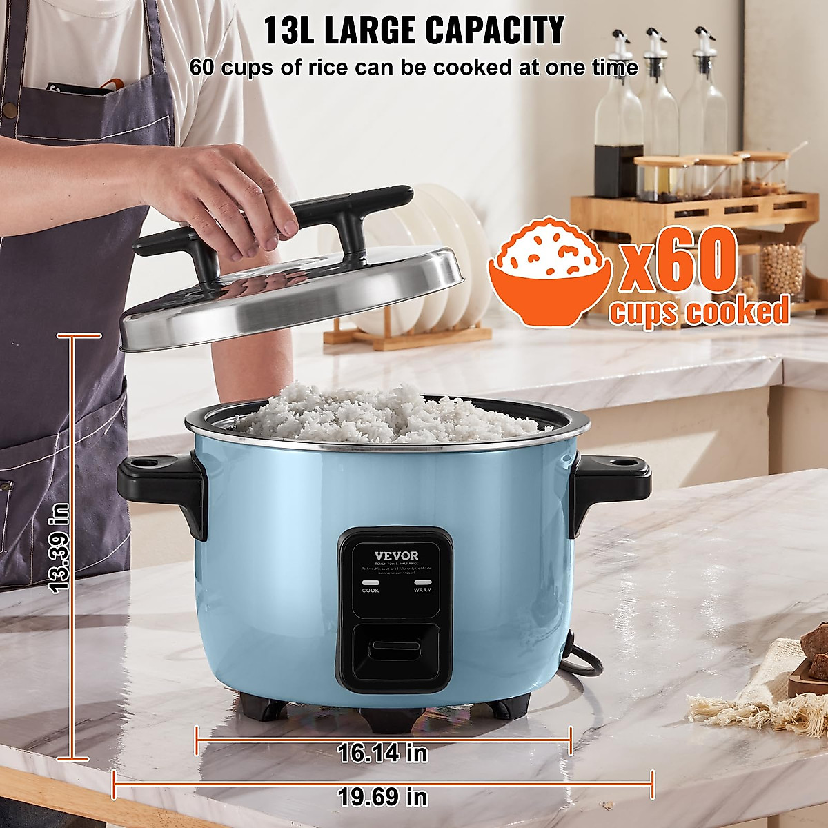 VEVOR Commercial Rice Cooker, 13.74Qt/60 Cups Cooked Rice, Large Rice Cooker and Warmer with Nonstick Inner Pot, Fast Cooking and 24-Hour Keep Warm, with Rice Cup and Paddle, for Restaurant